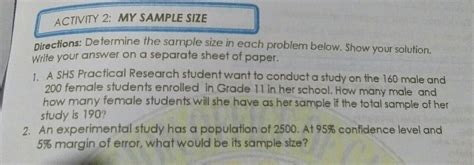 Solved ACTIVITY MY SAMPLE SIZE Directions Determine The Sample Size In Each Problem Below