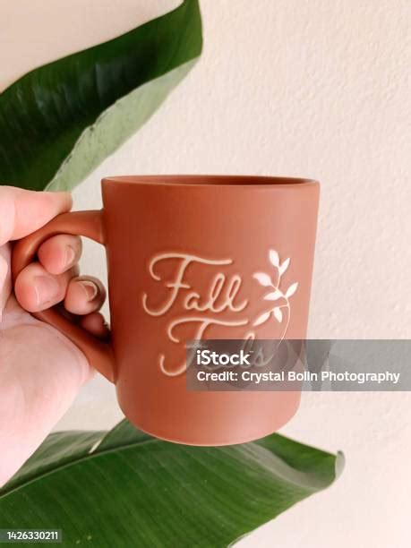 2022 년 가을에 따뜻한 테라코타 색 머그잔에 가을이 느껴진다고 말하는 머그잔에 뜨거운 커피 한 잔을 들고있는 여성 10월에 대한 스톡 사진 및 기타 이미지 Istock