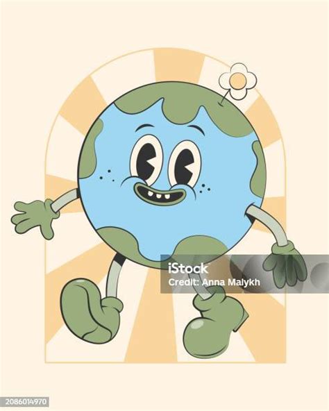 행복한 귀여운 지구 행성 캐릭터입니다 포스터 배너 그래픽 인쇄에 대 한 간단한 복고풍 만화 마스코트 Y2k 그루비 지구의 날
