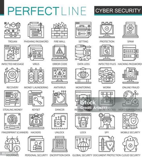 사이버 보안 개요 미니 개념 기호입니다 컴퓨터 네트워크 보호 현대 선이 선형 스타일 그림을 설정합니다 완벽 한 얇은 라인 아이콘입니다 아이콘에 대한 스톡 벡터 아트 및 기타