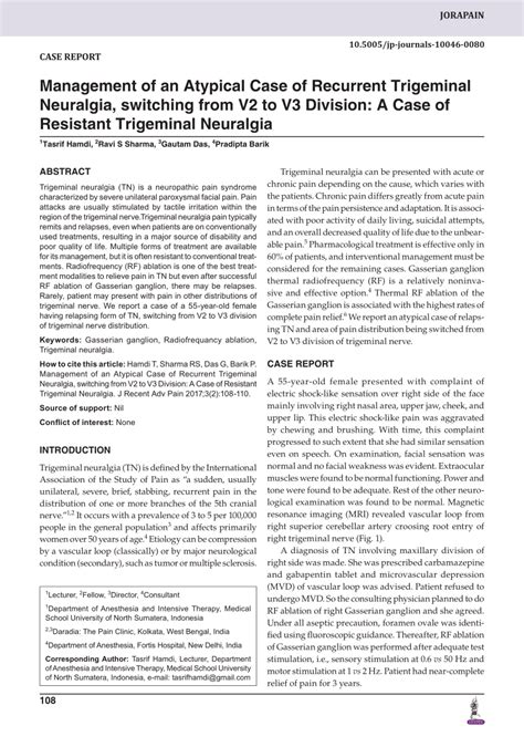 Pdf Management Of An Atypical Case Of Recurrent Trigeminal Neuralgia Switching From V2 To V3