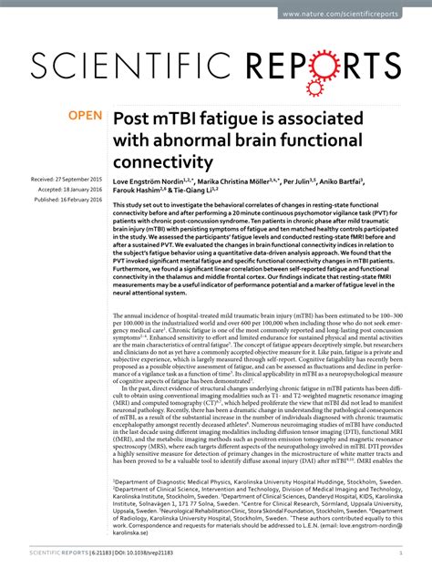 Pdf Post Mtbi Fatigue Is Associated With Abnormal Brain Functional