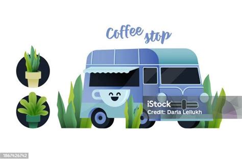 푸드 트럭 3 4 보기 현대 평면 벡터 일러스트 레이 션입니다 커피 정류장 장식적인 식물 요소가 있는 레터링 구성 식물 배지 세트 다채로운 만화 스타일 길거리 푸드 트럭 밴