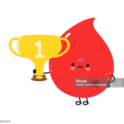귀여운 재미 혈액 드롭 홀드 골드 트로피 컵 벡터 핸드 그린 만화 가와이 캐릭터 일러스트 아이콘 흰색 배경에 격리 우승자 트로피