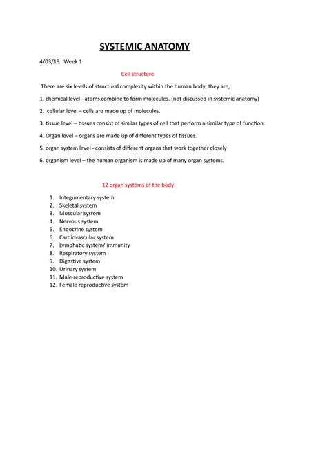 Systemic Anatomy Notes Systemic Anatomy 4 03 19 Week 1 Cell Structure