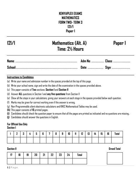 Form 2 Mathematics Term 3 Opener Exam 2024 Version 2