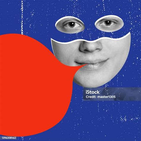 현대 미술 콜라주 슈퍼 히어로 가면을 쓴 청년은 파란색 배경에 고립되어 빨간색 연설 거품이 있습니다 복고풍에 대한 스톡 사진 및 기타 이미지 Istock