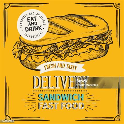 샌드위치 일러스트베이글 간식 햄버거 레스토랑 카페와 패스트 푸드 트럭에 대 한 벡터 손으로 그린 포스터입니다 레터링과 낙서 빈티지 그래픽 디자인 0명에 대한 스톡 벡터 아트