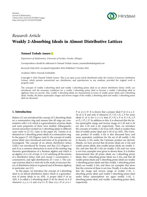 pdf weakly 2 absorbing ideals in almost distributive lattices