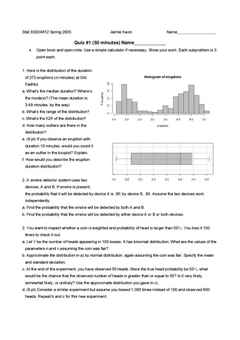 Quiz Solutions For Stat 3502 4612 Spring 2005 Quiz 1 Quizzes Statistics Docsity
