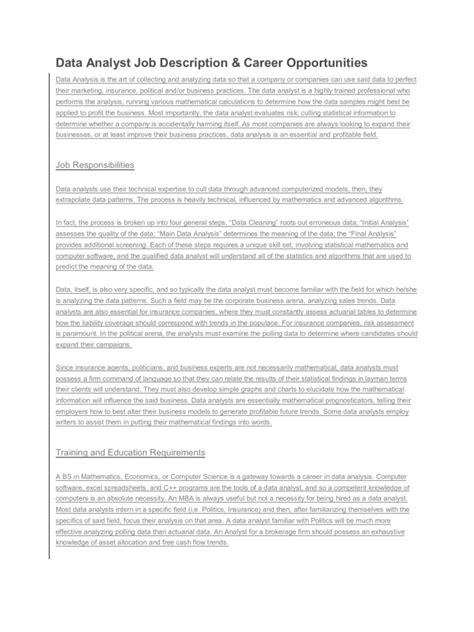 Data Analyst Job Description Pdf Intelligence Analysis Data Analysis