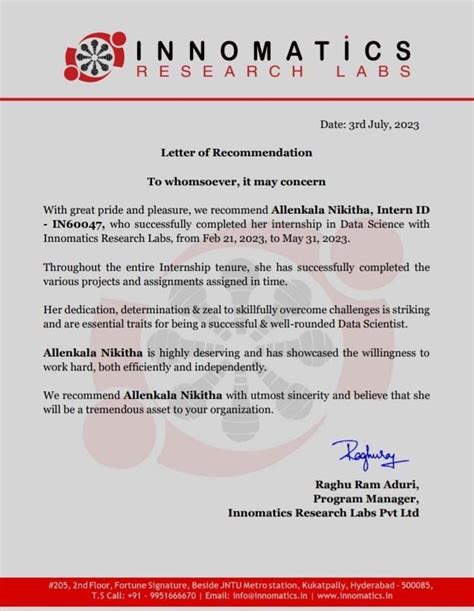 Nikitha Allenkala On Linkedin Datascience Internship Recommendationletter Greatful