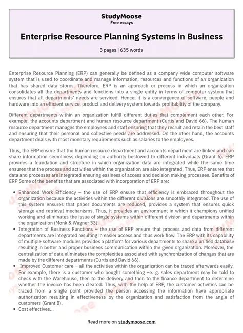 Enterprise Resource Planning Systems In Business Free Essay Example