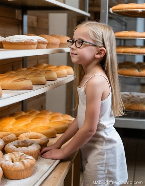 Cute Bare Naked Year Old Blonde Girl With Glasses Looking Loveable Shirtless In Bakery Prompts