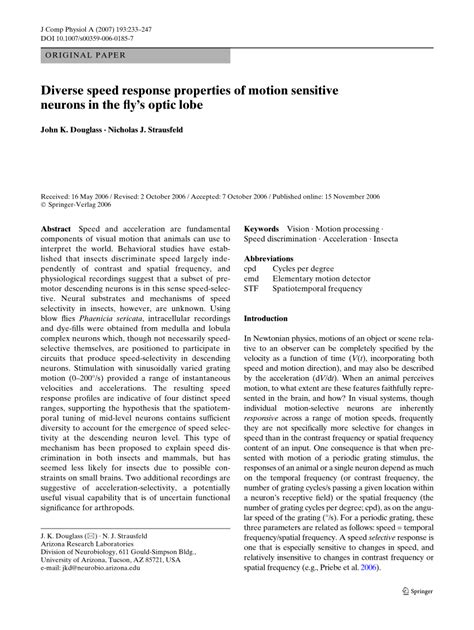 Pdf Diverse Speed Response Properties Of Motion Sensitive Neurons In
