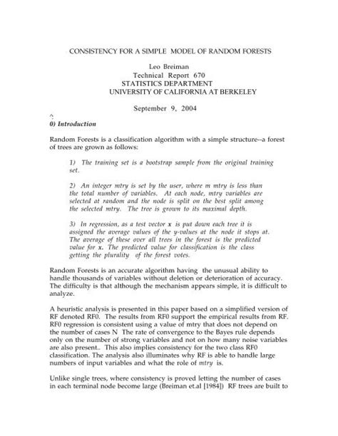 Consistency For A Simple Model Of Random Forests Leo Breiman
