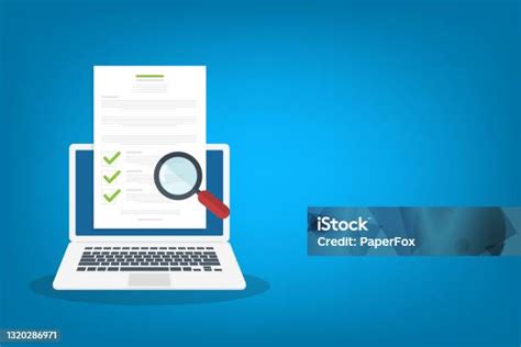 랩톱 컴퓨터 계약 검토 분석 계약 검사 규정 준수 확인에 대한 온라인 디지털 문서 검사 또는 평가 평가 벡터 일러스트레이션 0명에 대한 스톡 벡터 아트 및 기타 이미지