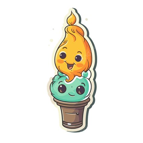 그것에 두 개의 화재 구덩이와 귀여운 만화 일러스트 아이스크림 콘 스티커 클립 아트 벡터 만화 일러스트 스티커 일러스트