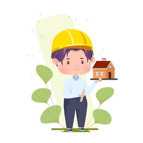 귀여운 건축가 캐릭터 빌더 디자인 컨셉 일러스트 프리미엄 벡터