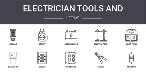 전기 도구 및 컨셉 라인 아이콘 세트 웹 로고 소켓 전신주 커패시터 Pcb 보드 펜치 저항기 태양 전지 패널 축압기와 같은 웹 로고 Ui Ux에 사용할 수 있는 아이콘이