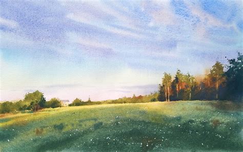 Watercolor Painting Of A Grassy Field