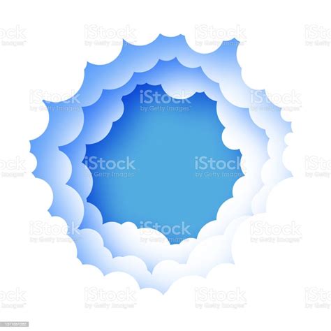 흐린 종이 컷 아트 3d 종이가 달린 배너가 푸른 하늘에 구름을 잘라냅니다 푸른 하늘 구름 종이 공예 스타일 볼륨 구름 풍경 둥근 프레임 층이 있는 터널 3차원 형태에 대한