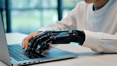 Person With Robotic Hand Typing On Laptop Futuristic Concept Stock Footage Video Of Interface