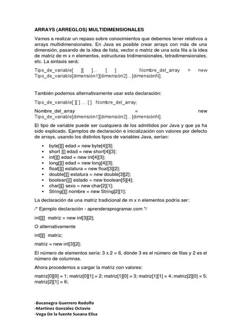 Investigación Arreglos Unidimensionales En Java Y Miltidimensionales Pdf Estructura De Datos