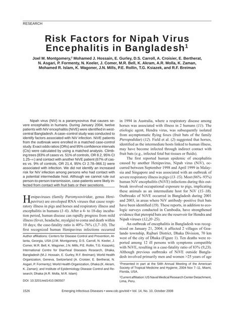 Pdf Risk Factors For Nipah Virus Encephalitis In Bangladesh1