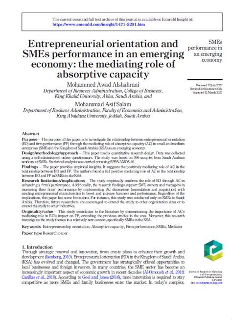 Pdf Entrepreneurial Orientation And Smes Performance In An Emerging Economy The Mediating