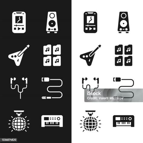 음악 파일 문서 일렉트릭베이스 기타 플레이어 스테레오 스피커 에어 헤드폰 오디오 잭 신디사이저 및 디스코 볼 아이콘을 설정합니다 벡터 음악에 대한 스톡 벡터 아트 및 기타