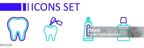 라인 구강 세정제 치약 튜브 충치가 있는 치아 및 드릴 및 아이콘을 설정합니다 벡터 건강 진단에 대한 스톡 벡터 아트 및 기타