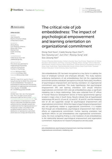 Pdf The Critical Role Of Job Embeddedness The Impact Of Psychological Empowerment And