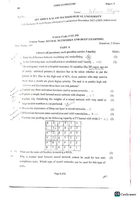 Cst 395 Neural Network And Deep Learning Question Paper 1100cst395122301 Pages 3 Name Is