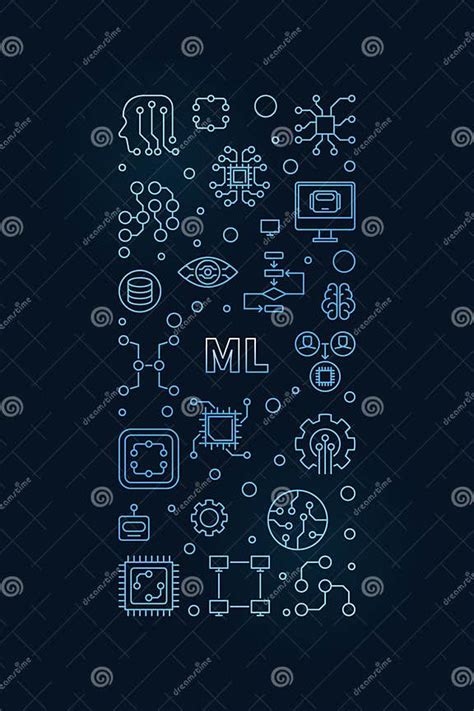 Machine Learning Concept Vector Outline Blue Vertical Banner Ml Technology Illustration Stock