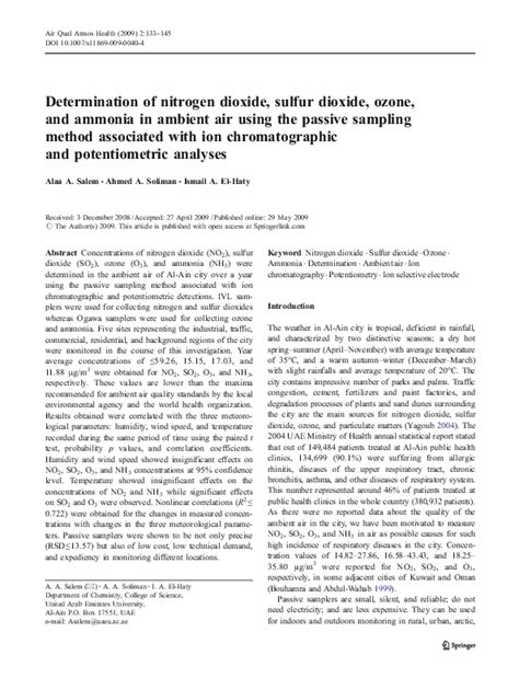 Pdf Determination Of Nitrogen Dioxide Sulfur Dioxide Ozone And Ammonia In Ambient Air Using