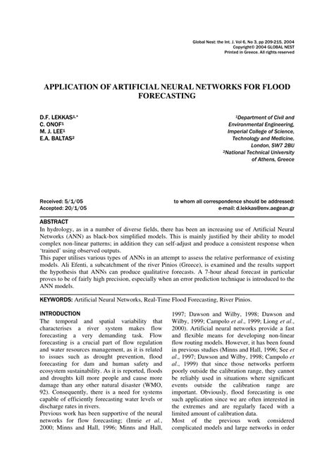 PDF Application Of Artificial Neural Networks For Flood Forecasting
