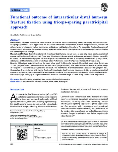 Pdf Functional Outcome Of Intraarticular Distal Humerus Fracture Fixation Using Triceps