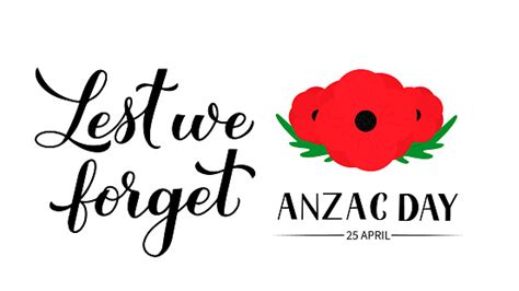Anzac Day 우리는 흰색에 고립 된 서예 손 문자를 잊지 않도록합니다 기억의 날의 붉은 양귀비 꽃 기호입니다 인사말 카드 타이포그래피 포스터 배너 전단지 스티커