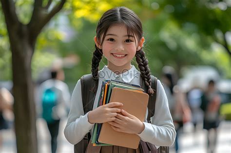 학교 주머니를 들고있는 귀여운 어린 소녀