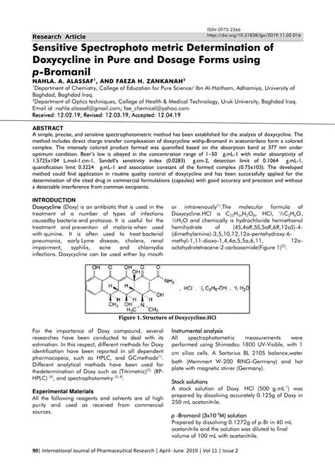 Pdf Sensitive Spectrophoto Metric Determination Of Doxycycline In