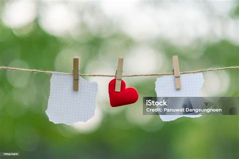 녹색 자연 배경에 텍스트에 대한 복사 공간과 줄에 매달려 종이와 빨간 심장 모양 장식 사랑 웨딩 로맨틱과 해피 발렌타인 데이 휴일 개념 0명에 대한 스톡 사진 및 기타