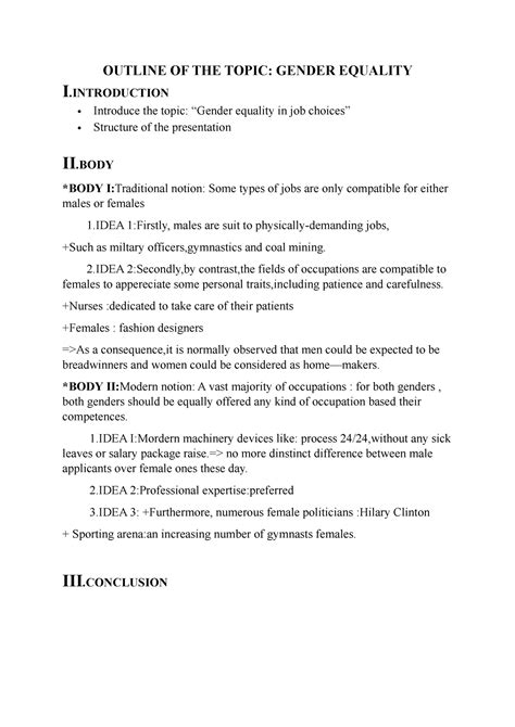 Phạm Vinh Hiển Topic Outline OUTLINE OF THE TOPIC GENDER EQUALITY I Introduce the topic