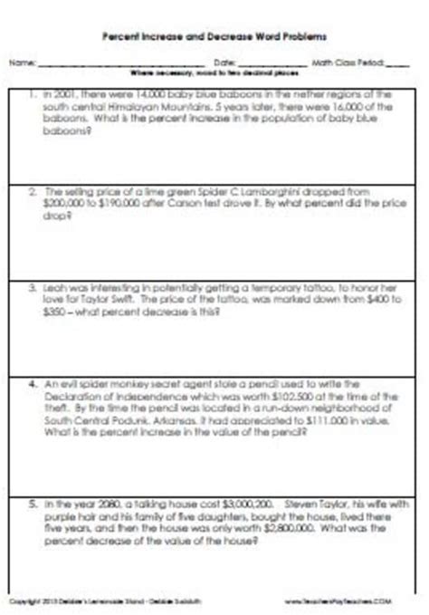 Percent Increase And Decrease Word Problems Worksheet And Task Cards