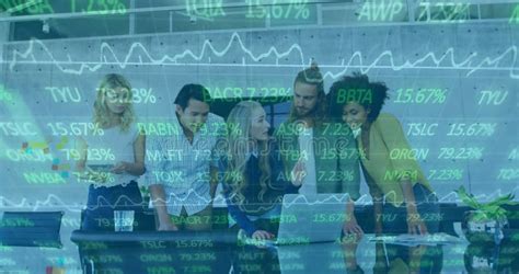 Stock Market Data Image Over Diverse Business Team Collaborating In Office Stock Image Image