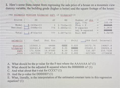 Solved 2 Heres Some Stata Output From Regressing The Sale