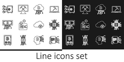 라인 스마트 계약 Cpu 마이닝 팜 암호 화폐 클라우드 지분 증명 회로가있는 비트 코인 마이닝 모니터 및 곡괭이 아이콘을 설정합니다 벡터 0명에 대한 스톡 벡터 아트 및