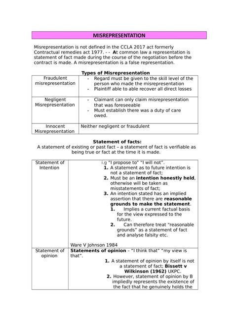 Misrepresentation And Interpretation Notes Laws622 Law Of Contract Auckland Thinkswap