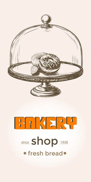 유리 뚜껑 아래에 스프링클이 있는 손으로 그린 도넛 빵집 과자 제과 메뉴를 위한 유약을 바른 도넛 과자의 조각 벡터 스케치 포스터 수직 배너 거품 내기에 대한 스톡 벡터