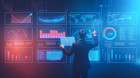 a man in a suit interacts with multiple digital data screens analyzing complex charts and global